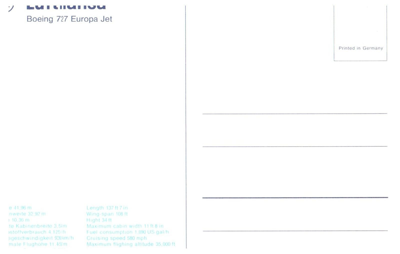 Lufthansa Boeing 727 Europa Jet Airline Issued Airplane Postcard ...