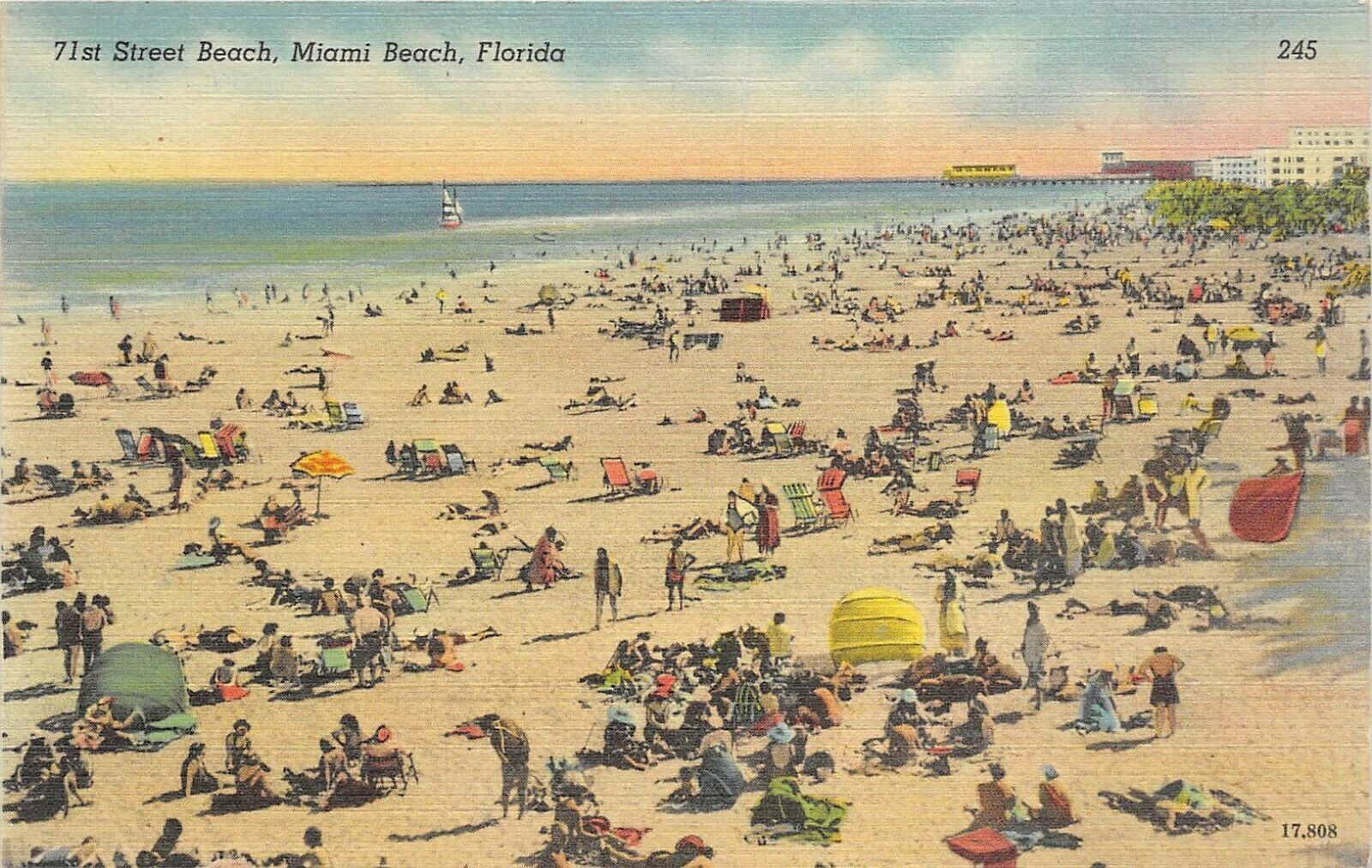 Miami Beach Florida 1940s Postcard 71st Street Beach Bathers Ocean ...