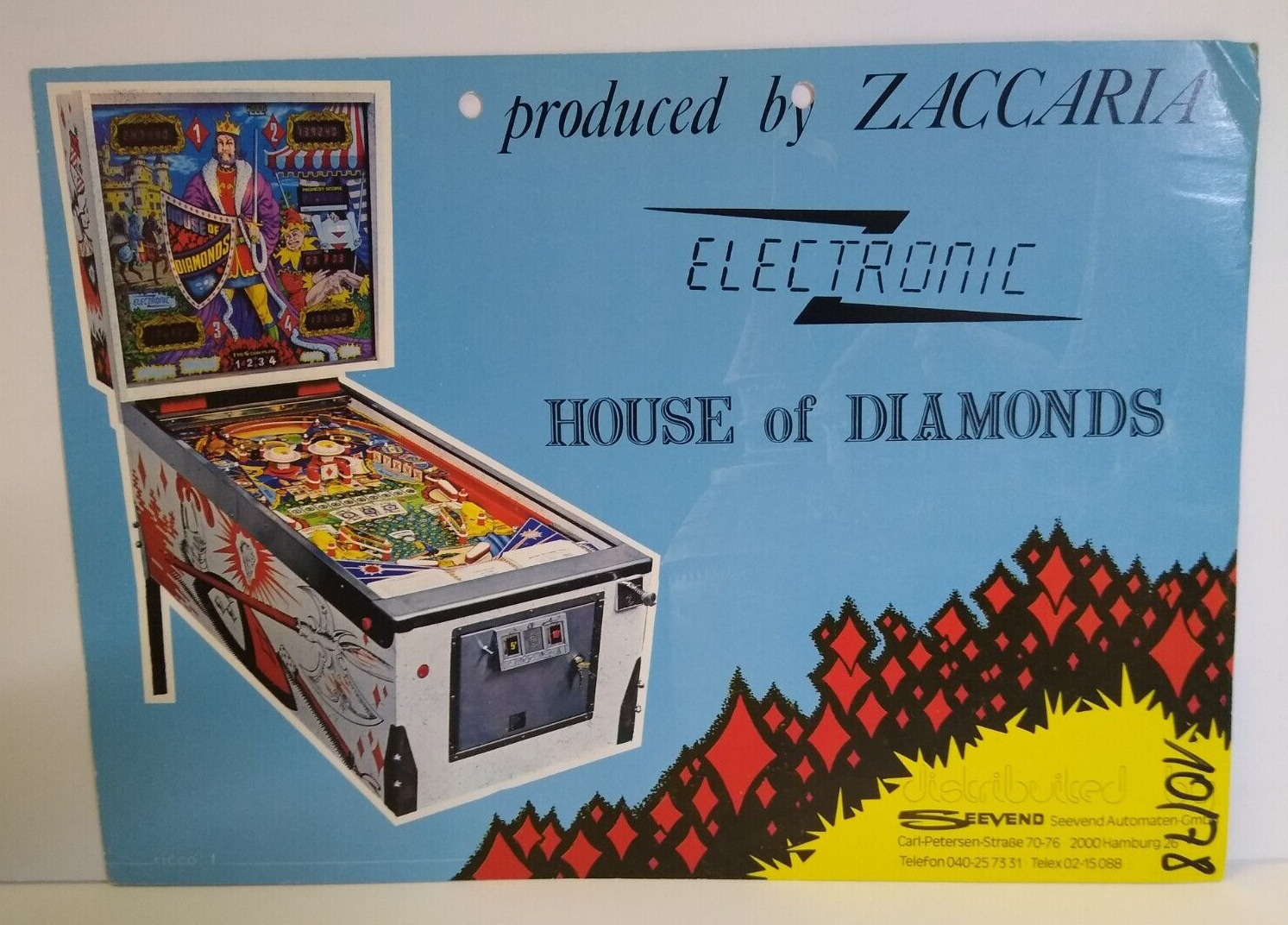House Of Diamonds Pinball Flyer 1978 Rare Zaccaria Italy Promo Art 8.25 ...