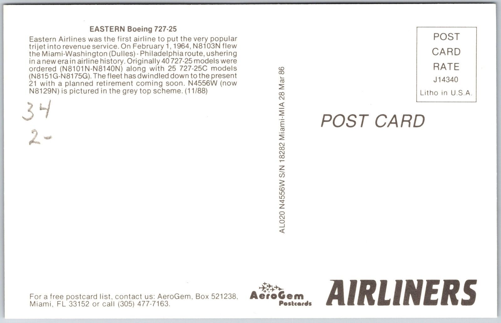 Airplane Eastern Boeing 727-25 TriJet N45556W Airliner Grey Top Scheme ...