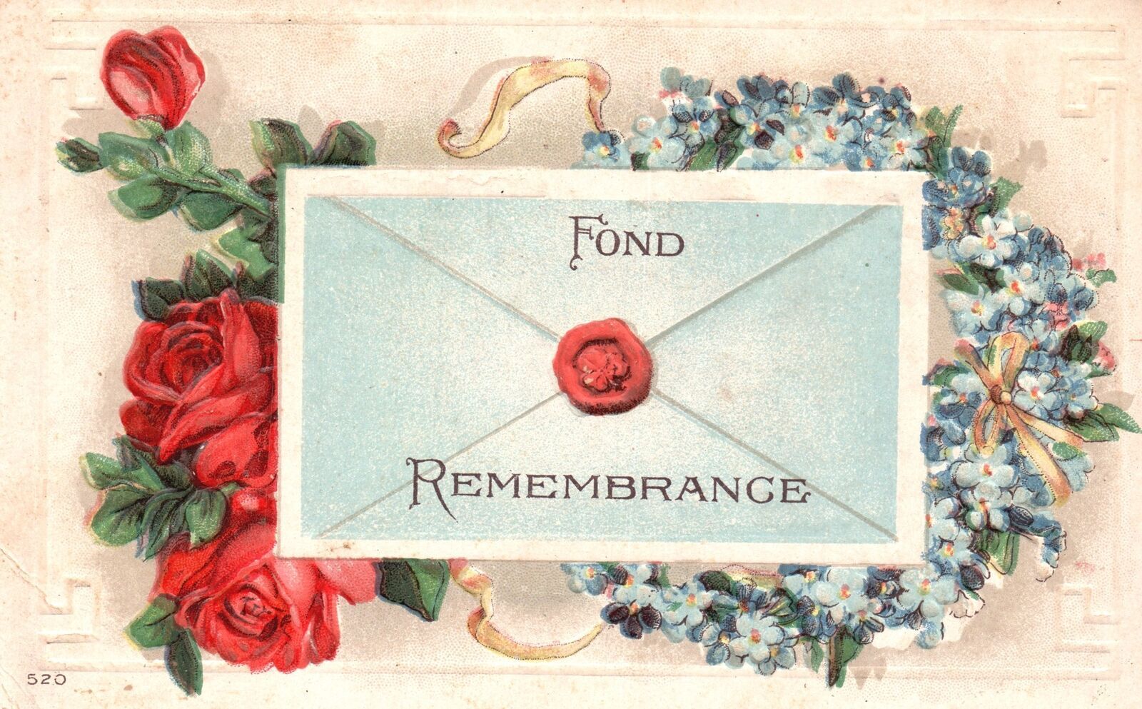 Vintage Postcard Fond Remembrance Forget Me Not Red Roses Greetings ...