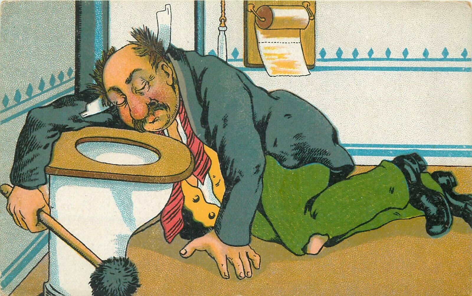Alcohol sick hangover man caricature toilet humour early postcard ...