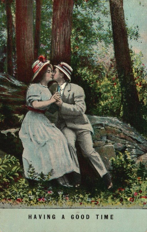 Vintage Postcard 1912 Having A Good Time Couple Lovers Kissing Scene ...