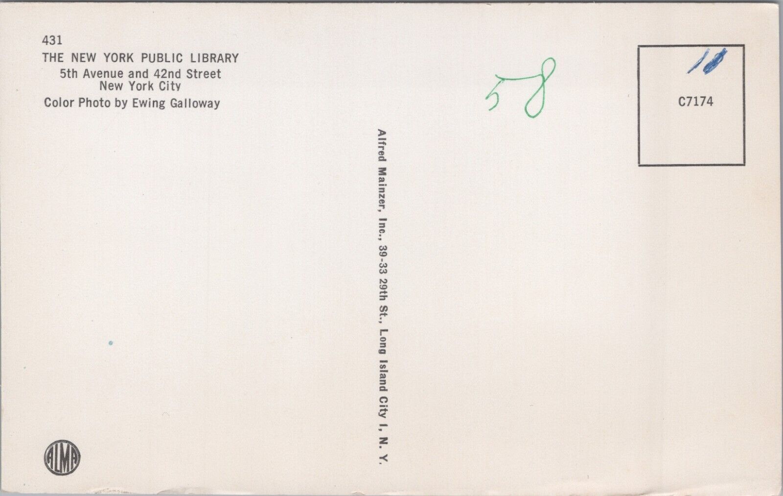 USA New York City The New York Public Library Vintage Postcard C257 ...