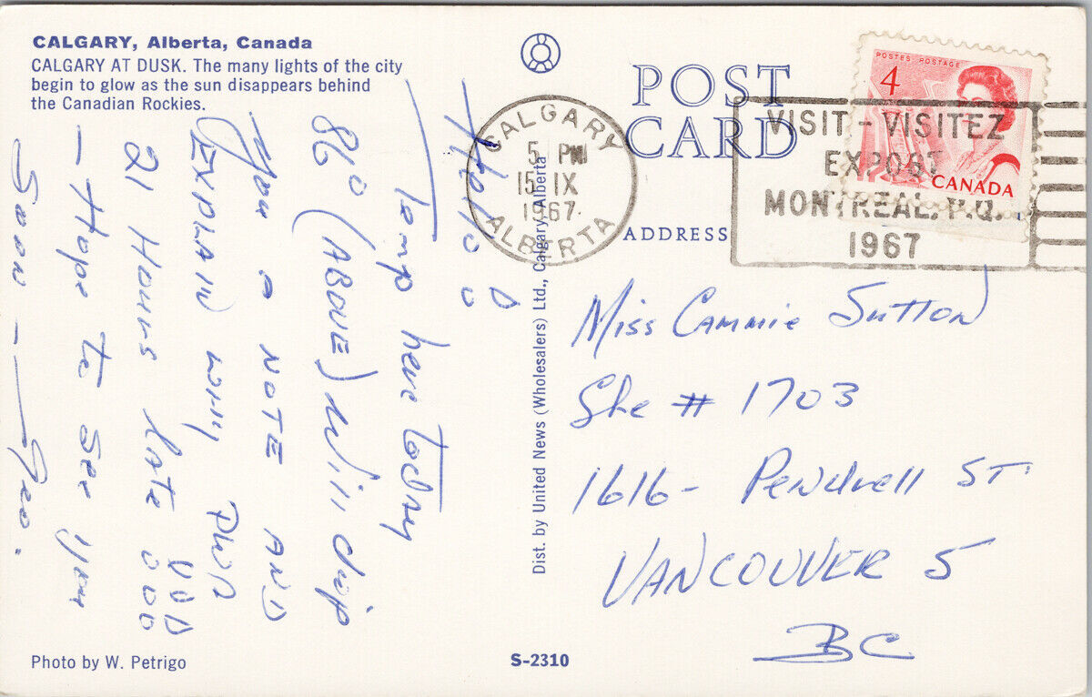 Calgary Alberta at Dusk Skyline c1967 Walter Petrigo Postcard G81 ...