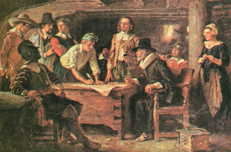 Postcard The Mayflower Compact Signing The Compact Mayflower's Cabin ...