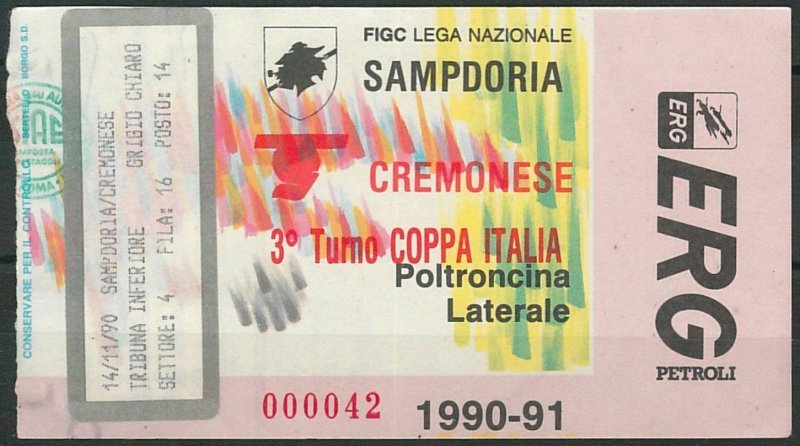 65588 - old football match ticket - 1990 / 1991 : samdoria / cremonese ...