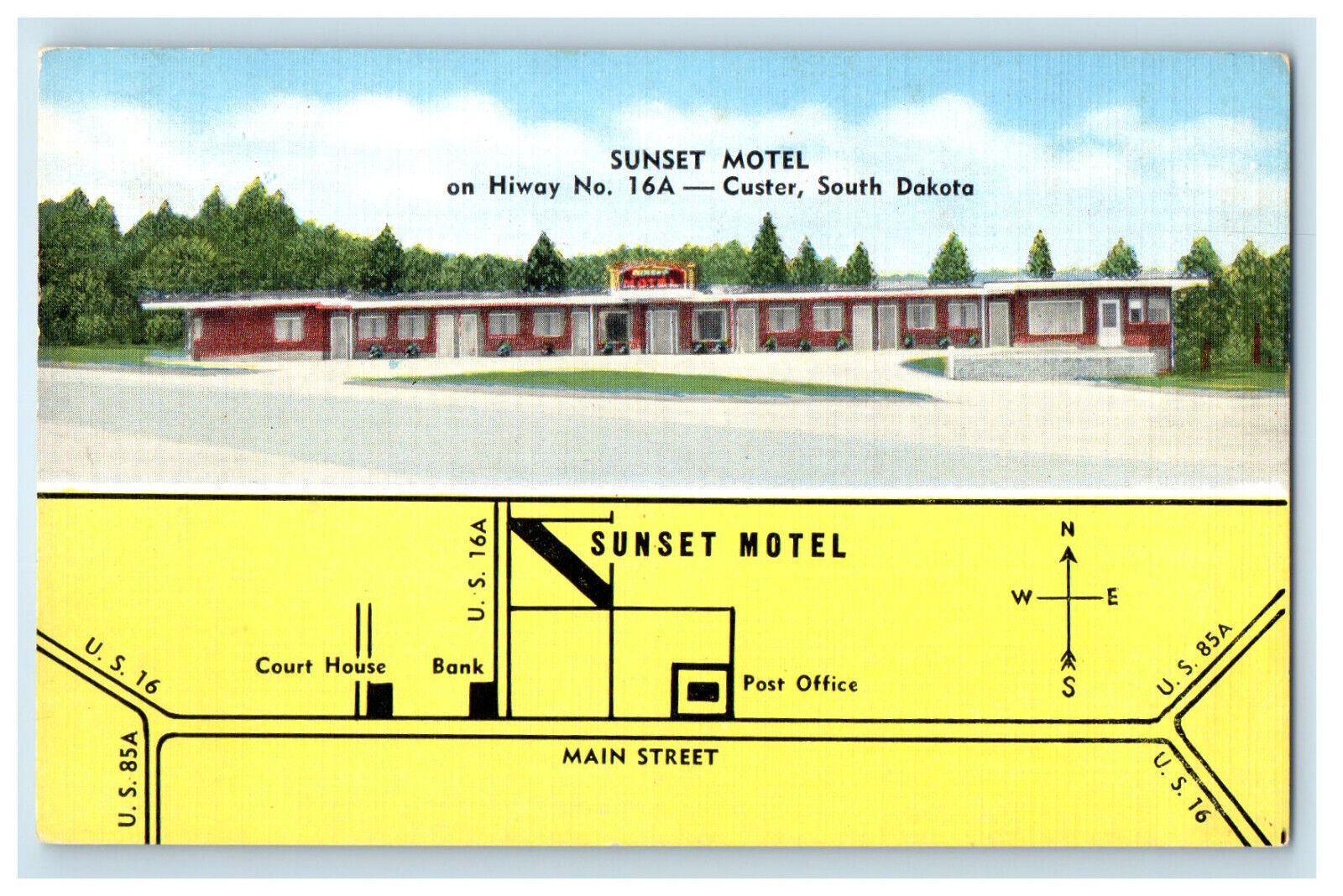 c1940s Map and Building of Sunset Motel, Custer South Dakota SD ...