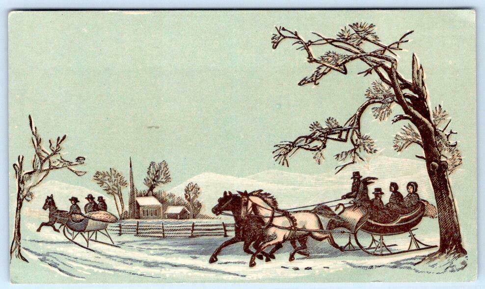 1800'S Victorian Card Winter Scene ONE Horse Open Sleigh Church ...