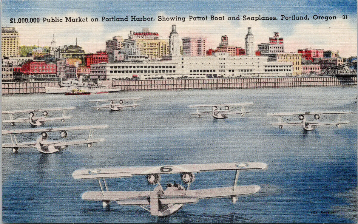 Portland Oregon Harbour Million Dollar Public Market Seaplanes Postcard ...