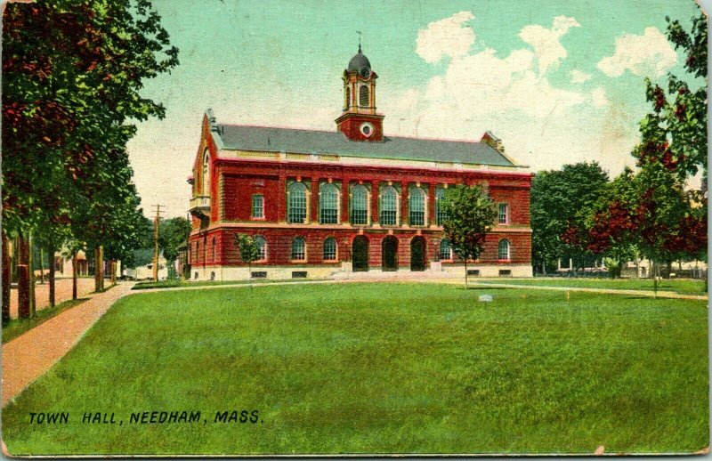 Vtg Tarjeta Postal 1908 Needham Massachusetts Ma Town Hall Panorámica ...
