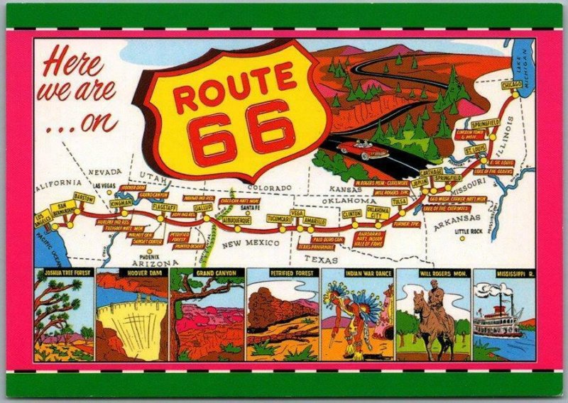 ROUTE 66 Roadside Postcard Highway / U.S. Map / Comic Multi-View c1990s ...