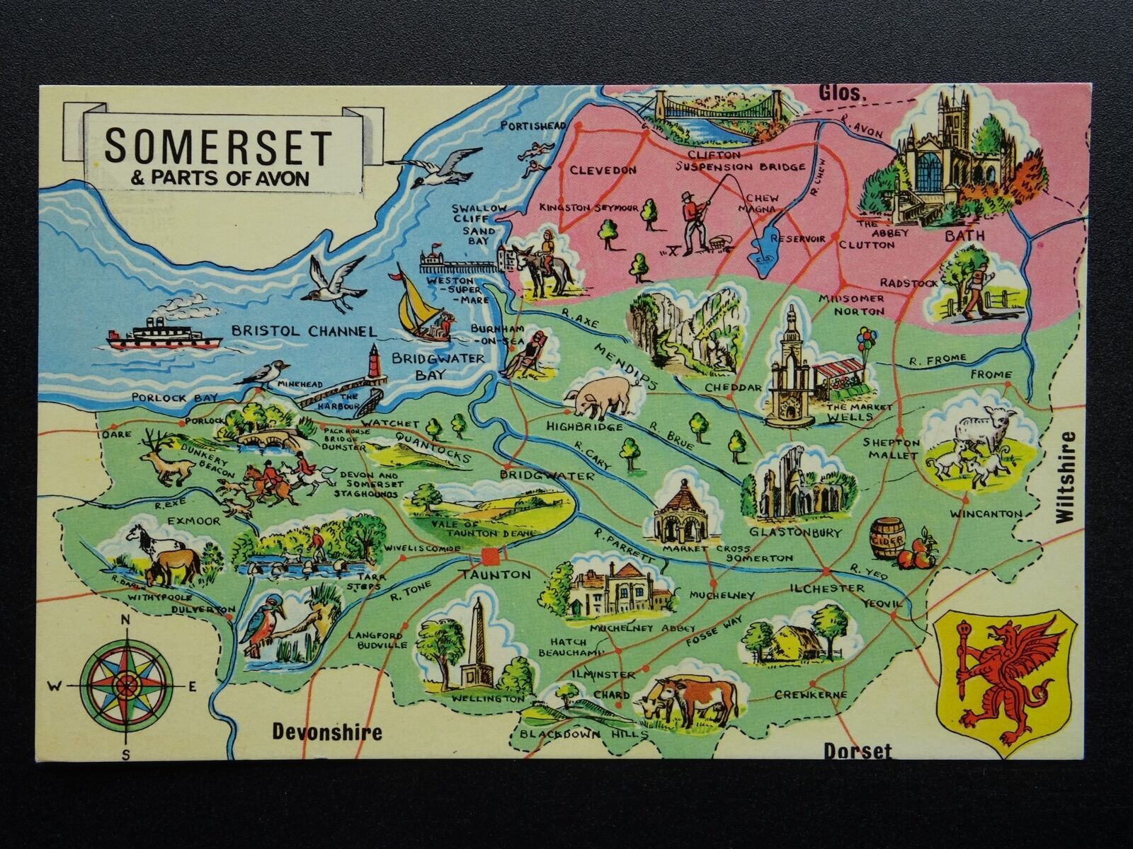 Map Postcard Taunton SOMERSET & PARTS OF AVON c1960s/70s Postcard ...