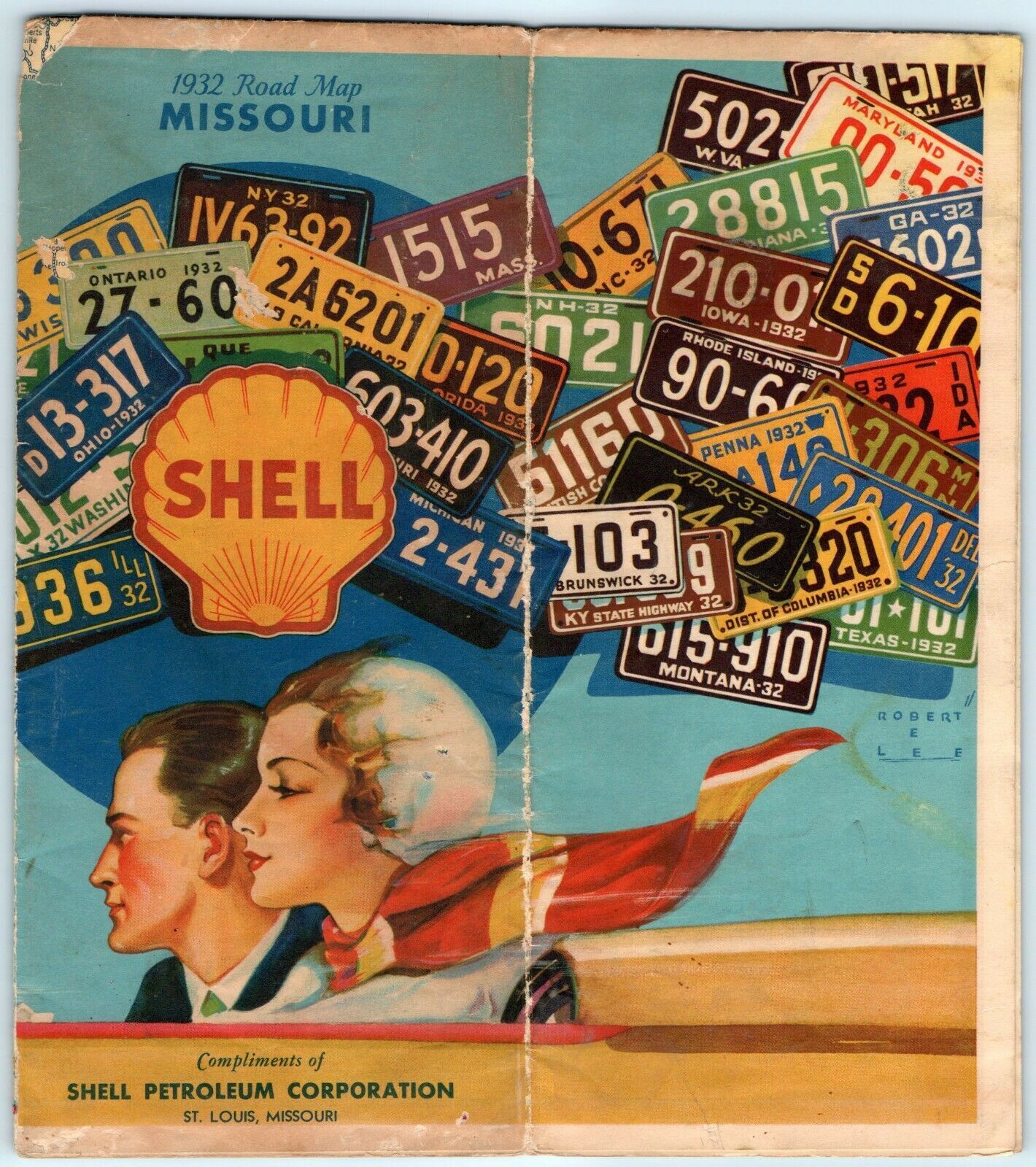 1932 Missouri Shell Oil Road Map License Plate Robert E Lee Art Deco ...