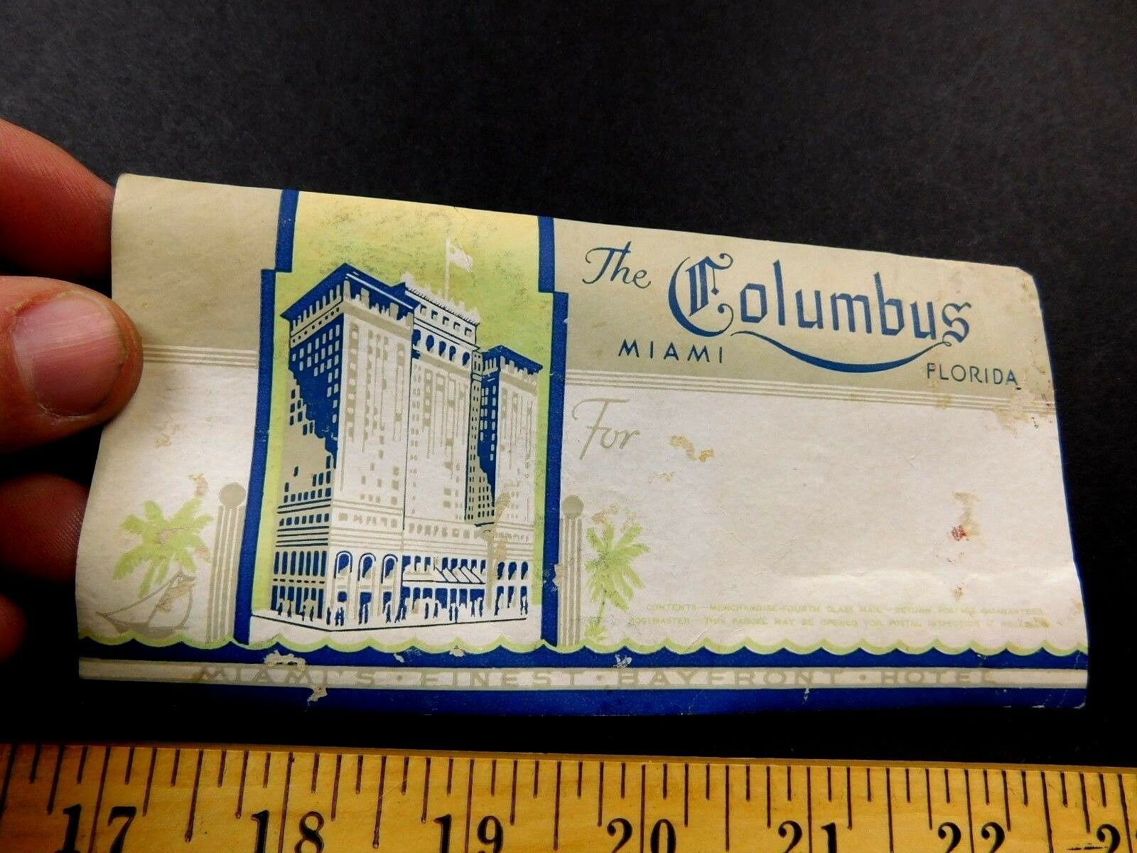 1920s-30s The Columbus Hotel, Miami Bayfront Art Deco Luggage Label ...