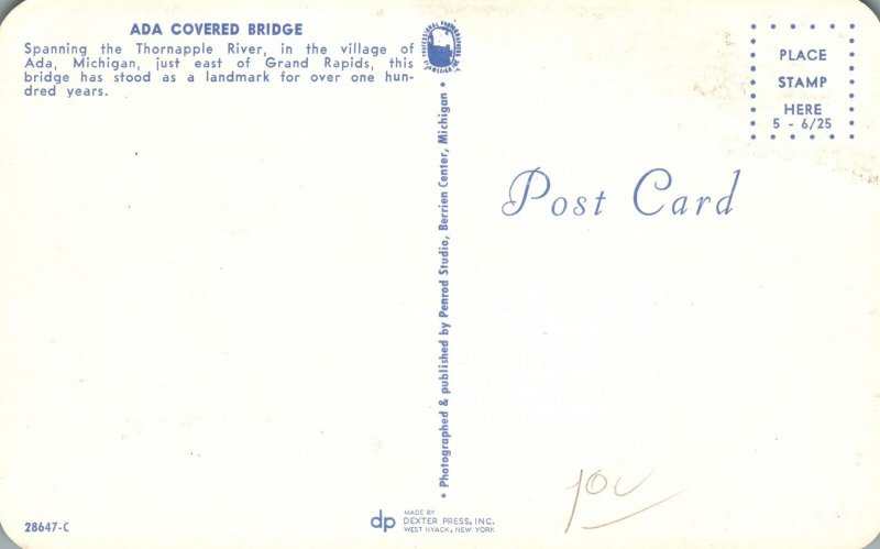 Vintage Postcard Ada Covered Bridge Thornapple River in Village of Ada ...