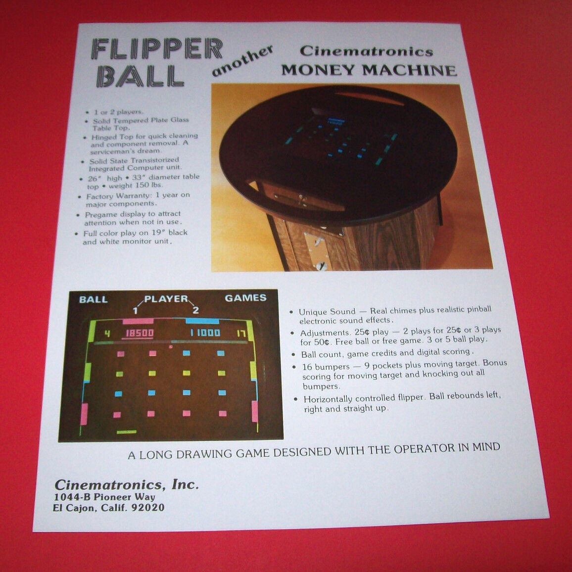 Flipper Ball by Cinematronics 1976 Original NOS Video Arcade Game Flyer ...