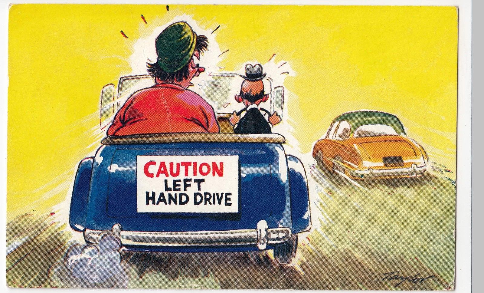 Bamforth Comic PPC Caution Left Hand Drive, Artist Signed Taylor, 1960s ...
