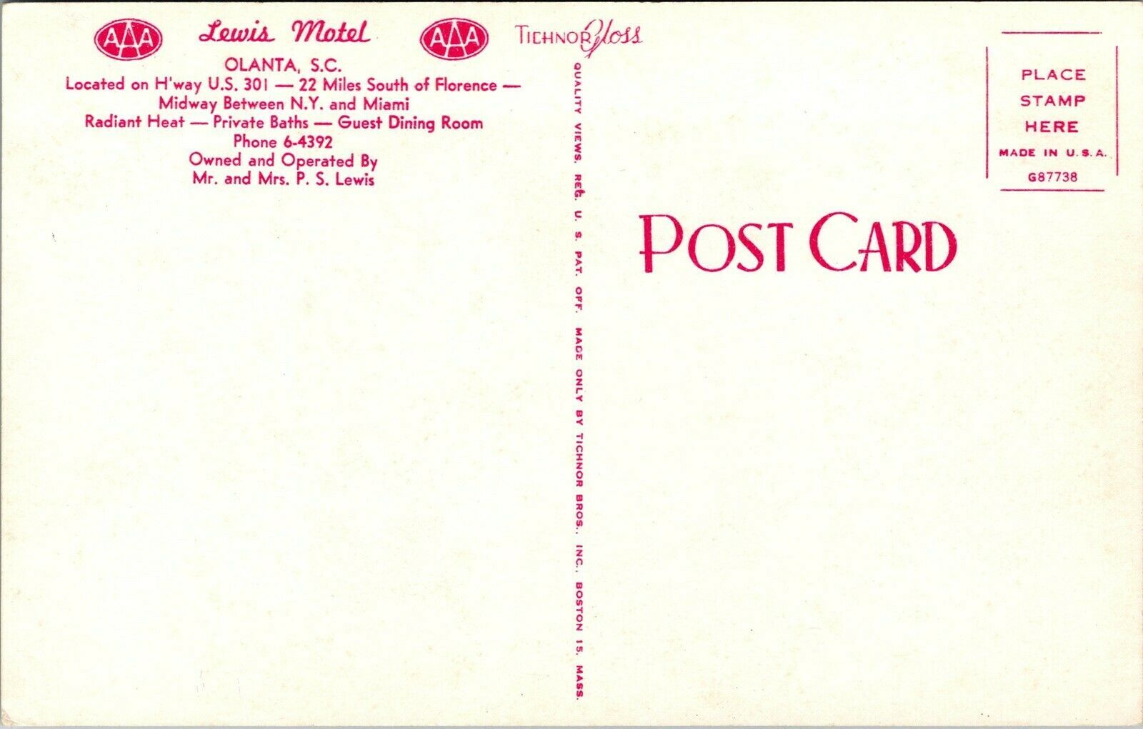 Vtg Olanta South Carolina SC Lewis Motel 1950s Unused Chrome Postcard ...