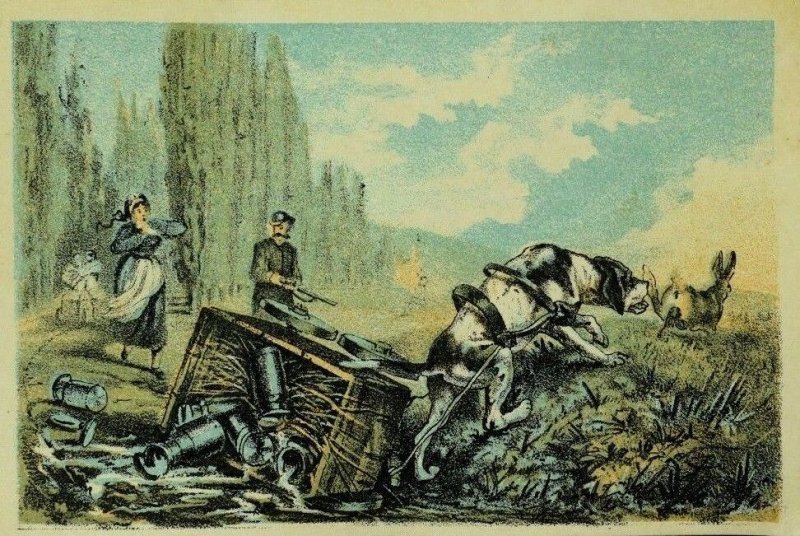 1870's-80's Victorian Trade Card Rabbit Hunting Man Rifle Dog Pulling ...