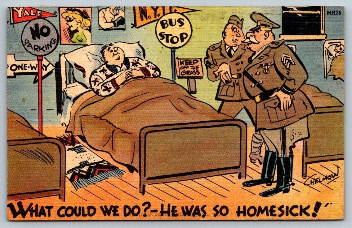 Vintage Saucy Cartoon Humor Postcard - US Army - WW2 - Homesick ...