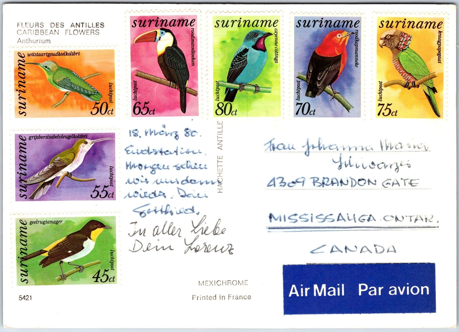 Vintage Continental Sized Postcard Caribbean Flowers Suriname Stamps ...