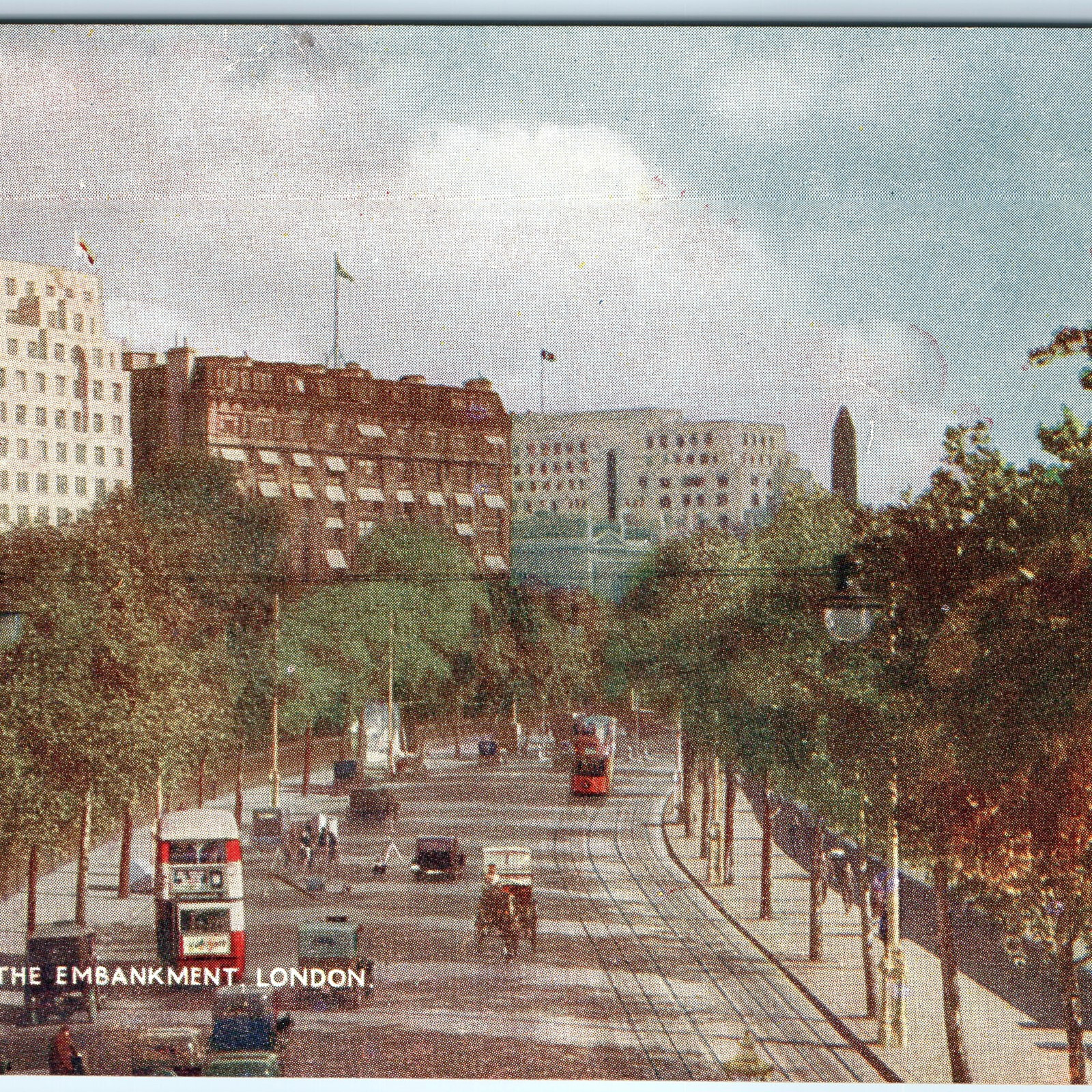 c1930s London, England Embankment Red Double-Decker Buses Clock Tower ...