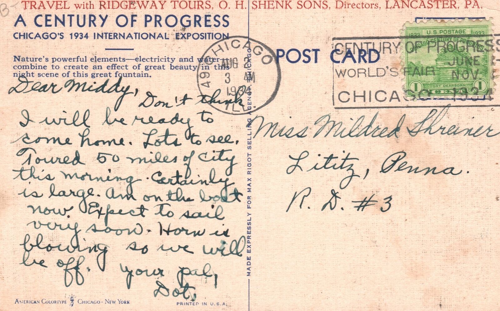 Vintage Postcard 1934 Night Scene Giant Fountain Century Of Progress ...