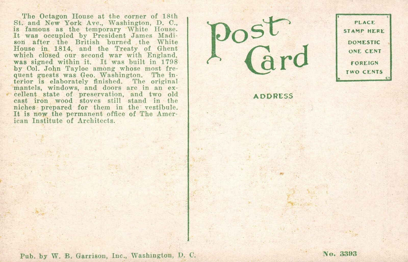 Vintage Postcard Octagon House Occupied by President Madison in 1814 C ...