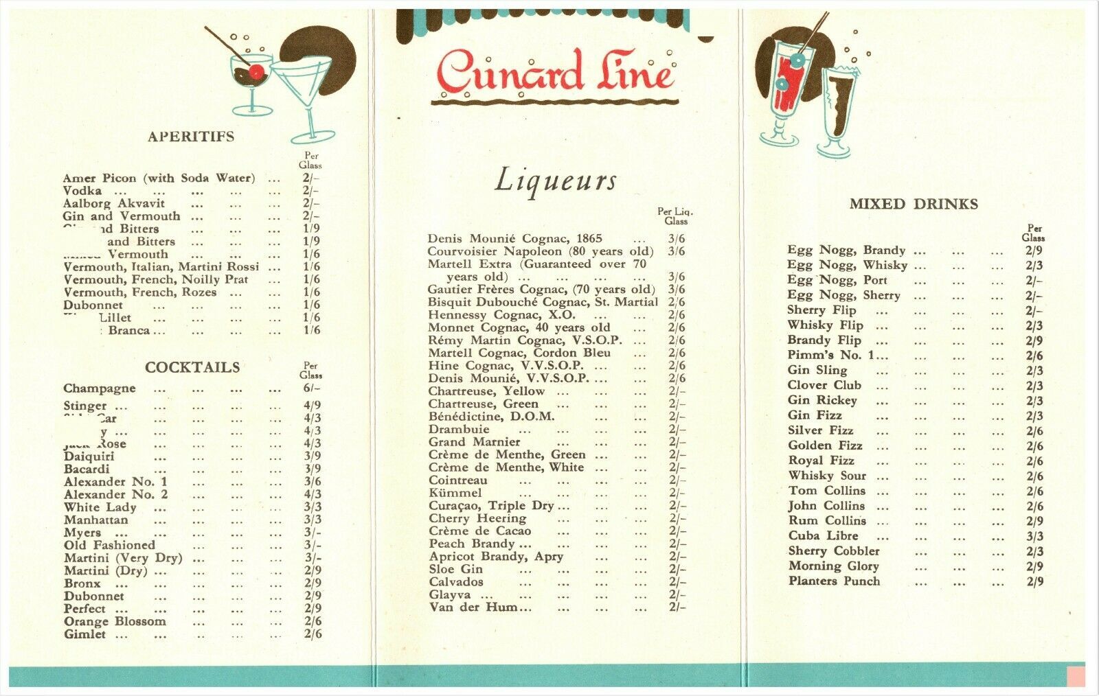 1954 Cunard Line Queen Elizabeth Menu Of Cocktails Liqueurs Cigars ...