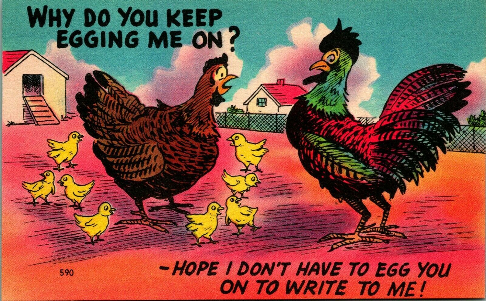 Comic Barnyard Chickens Why Do You Keep Egging Me On? Linen Postcard ...