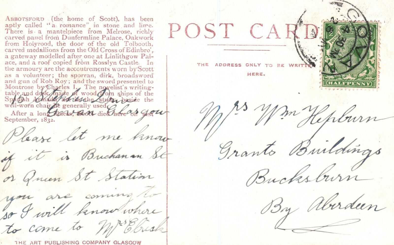 Vintage Postcard Abbotsford House The Home Of Walter Scott Tourist Spot ...