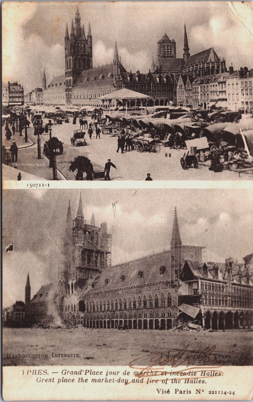 World War 1 Ypres Great Place the Market Day And Fire the Halles Army ...