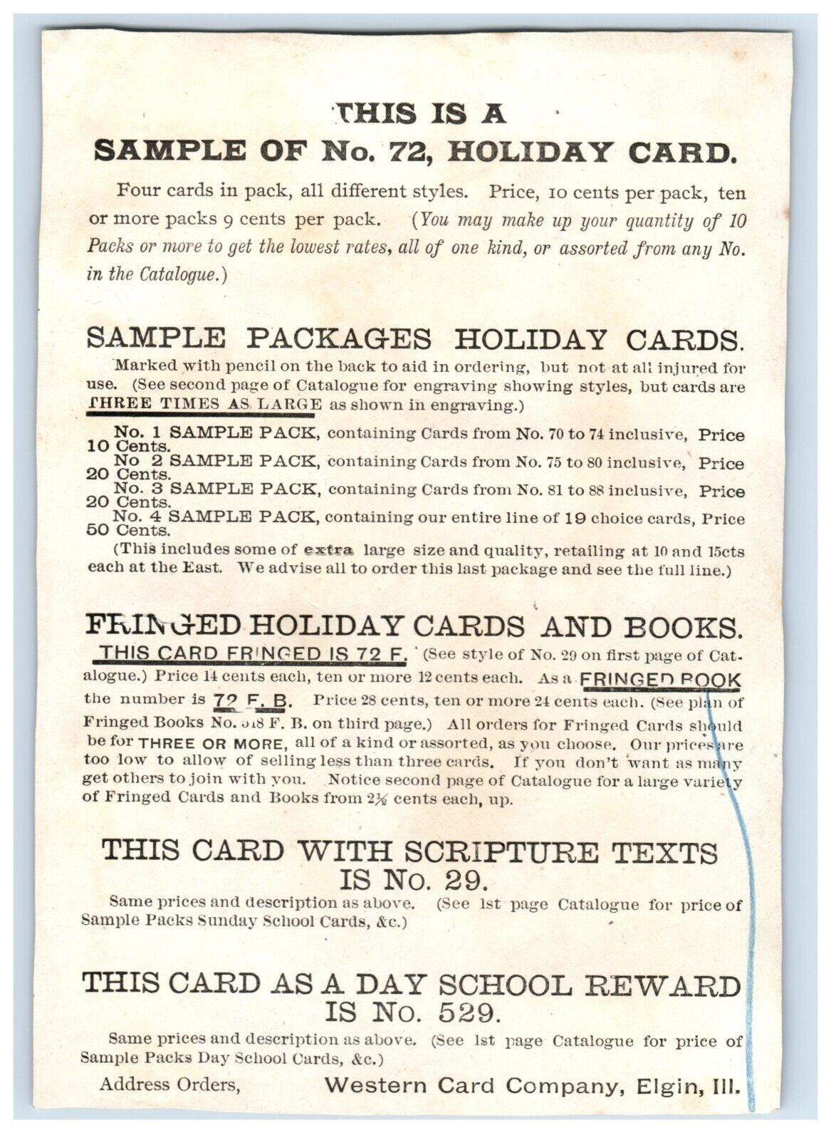 1880s Western Card Co. Sample Holiday Christmas Card Price List On Back ...
