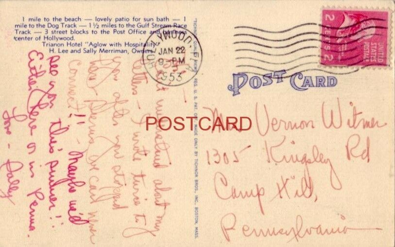 1953 TRIANON HOTEL, HOLLYWOOD, FLA. H Lee and Sally Merriman, Owners ...