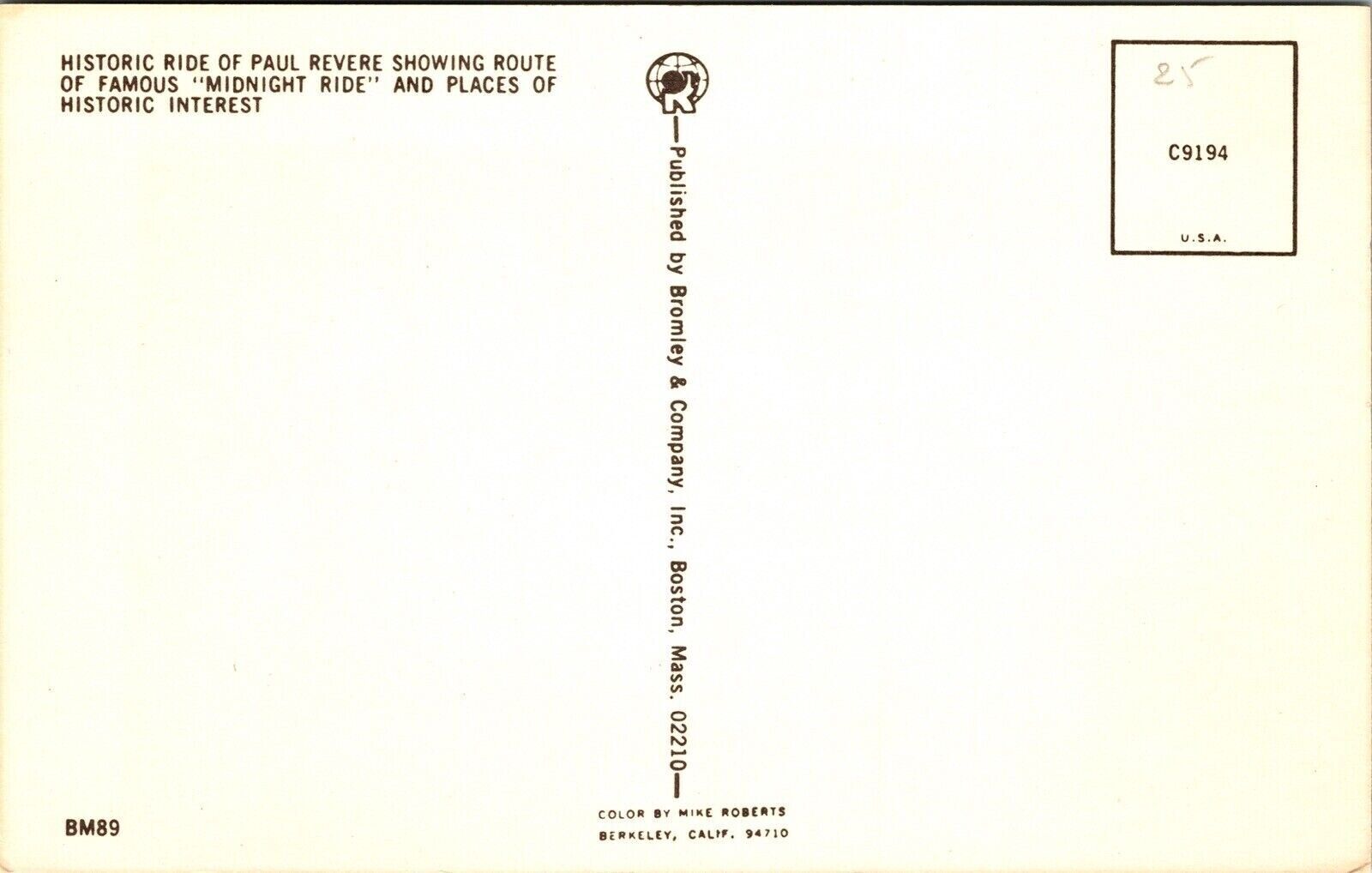 Historic Midnight Ride Paul Revere Route Map Postcard VTG UNP Mike ...