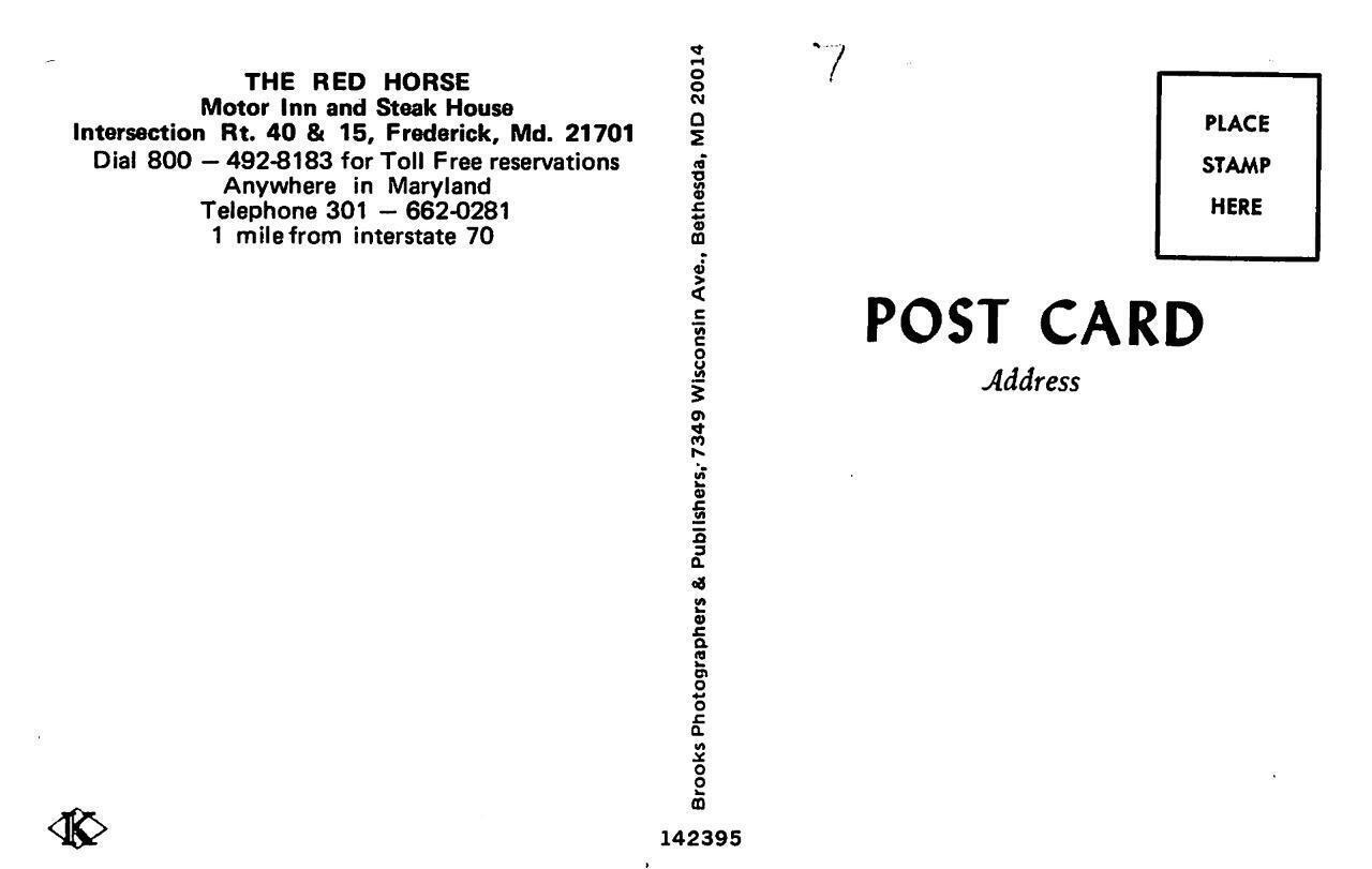 THE RED HORSE Steak House FREDERICK, MD Roadside Room Interior TV 1960s ...