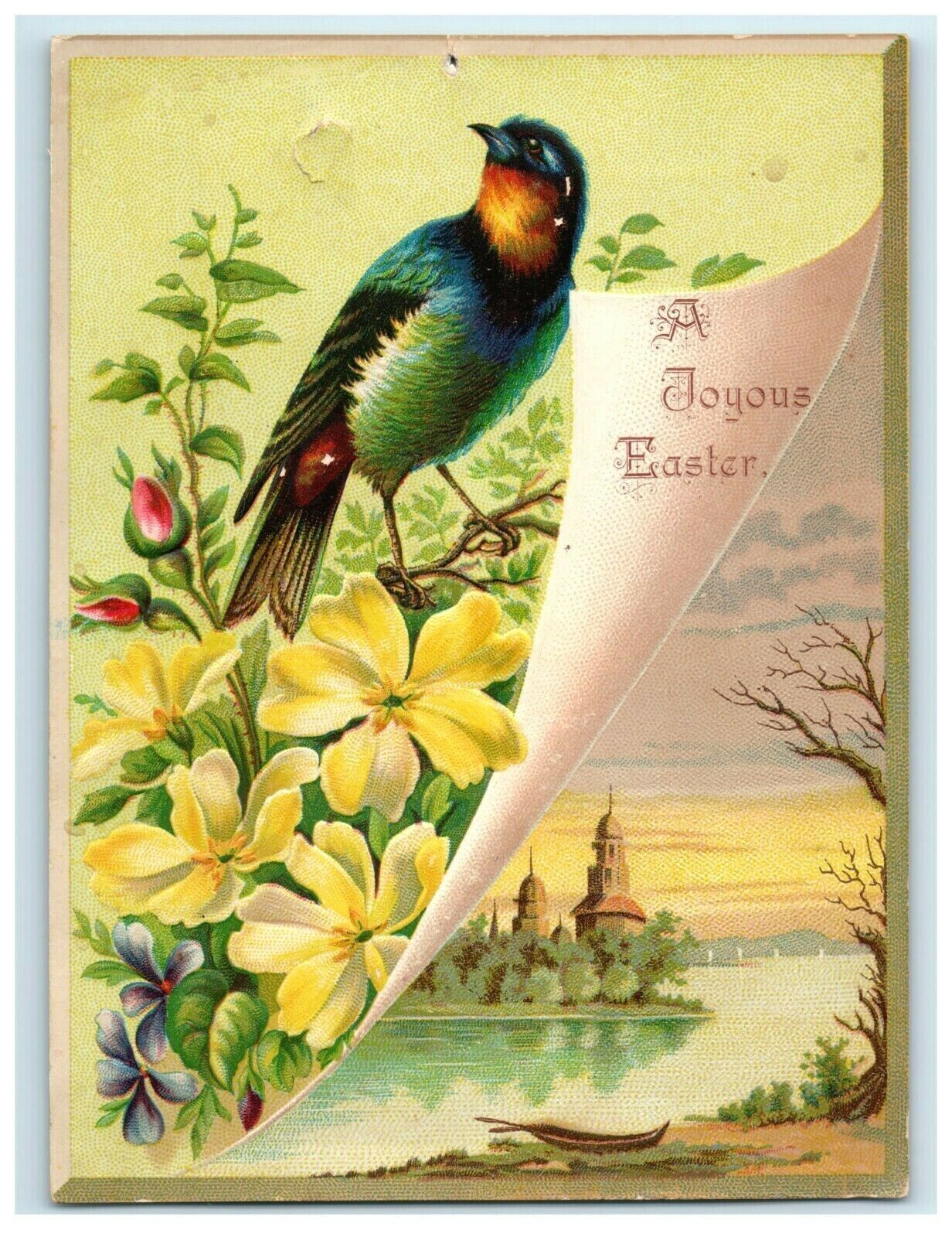 1880s-90s Embossed Victorian Easter Card Colorful Bird Church Flowers # ...