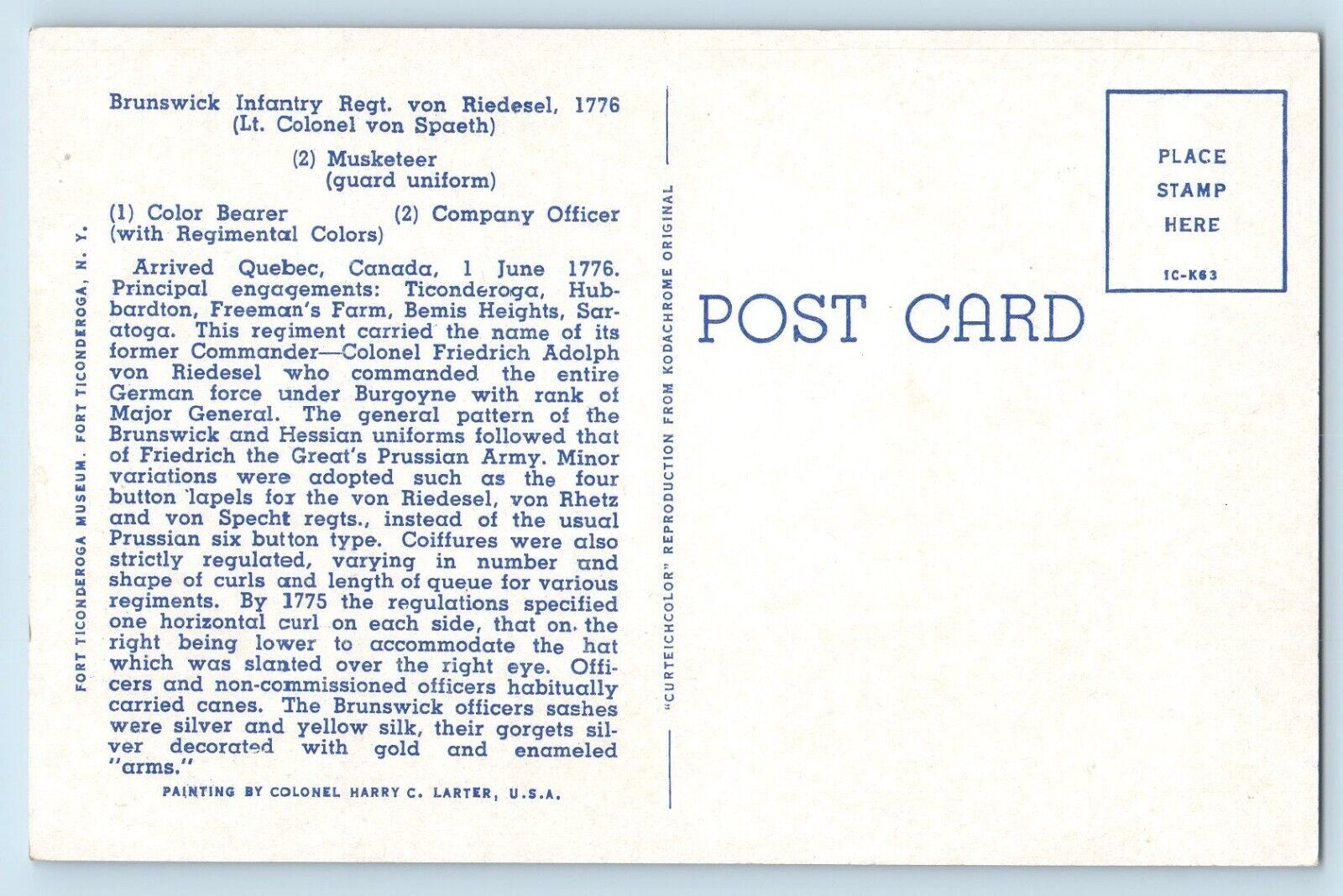 Brunswick Infantry 1776 Postcard Von Riedesel Lt. Colonel Von Spaeth ...