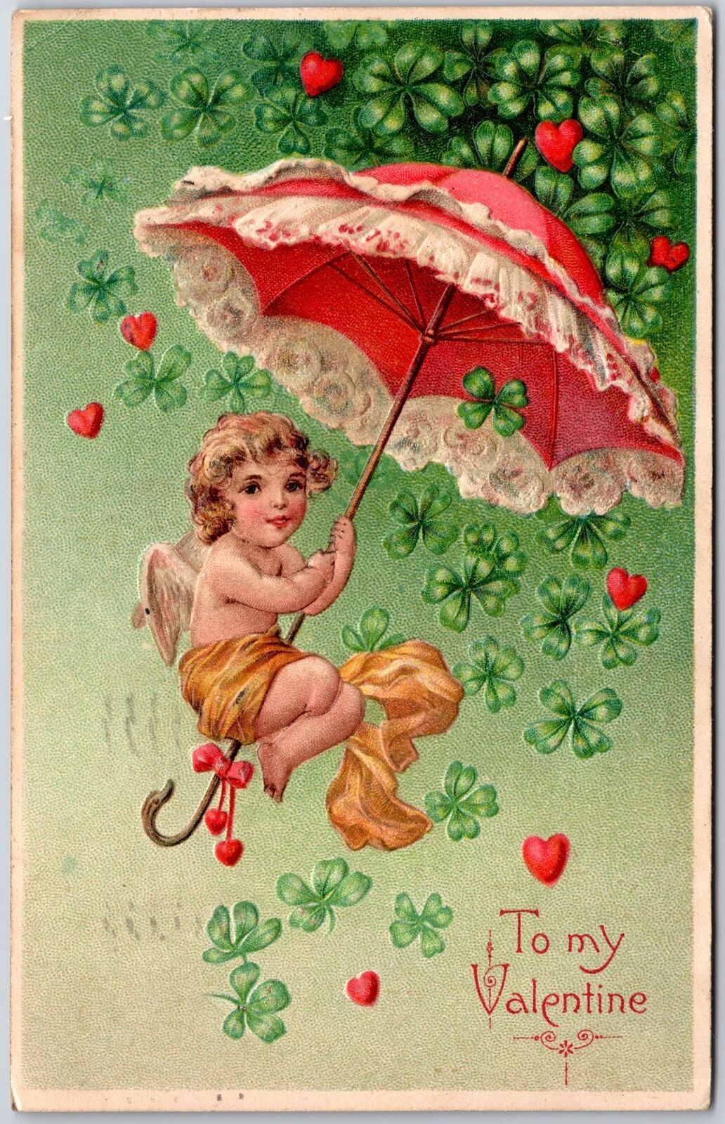 1906 To My Valentine Four Leaf Clover Angel Riding On Umbrella Posted ...