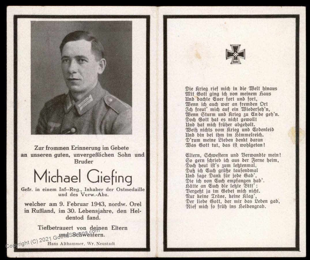 3rd Reich Germany Fallen Wehrmacht Burial Death Mourning Memorial Card ...