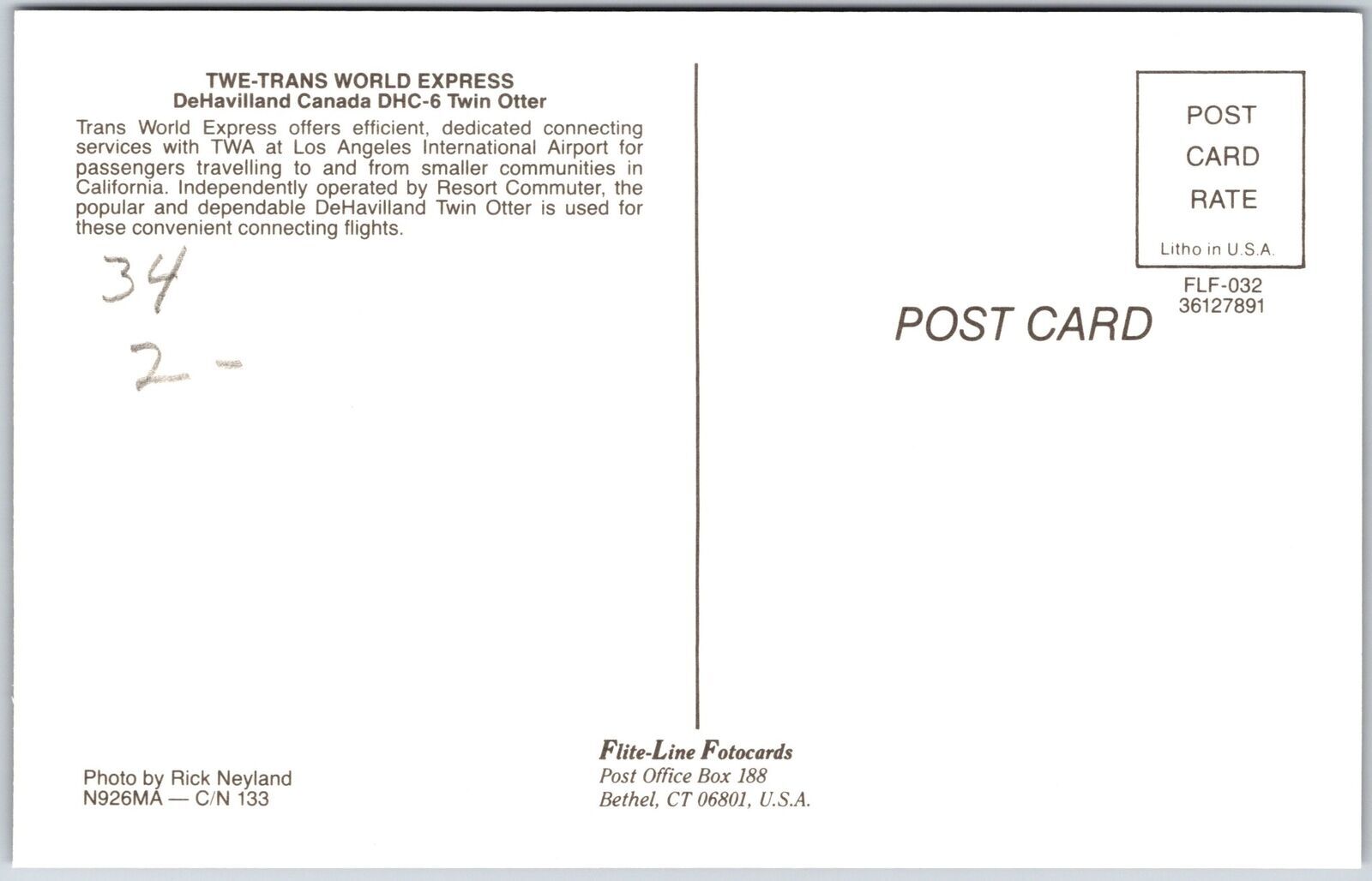 Airplane TWA-TRANS WORLD EXPRESS DeHavilland Canada DHC-6 Twin Otter ...