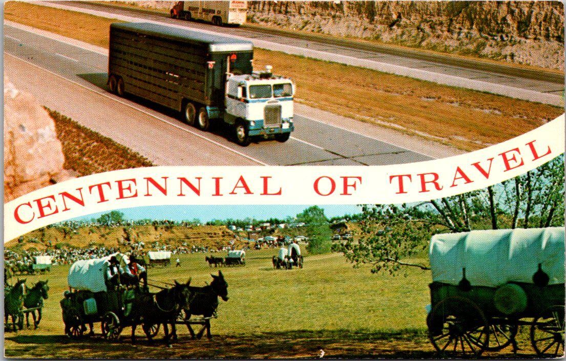 Nebraska Centennial Of Travel Pioneer Wagons and Modern Semi Truck ...