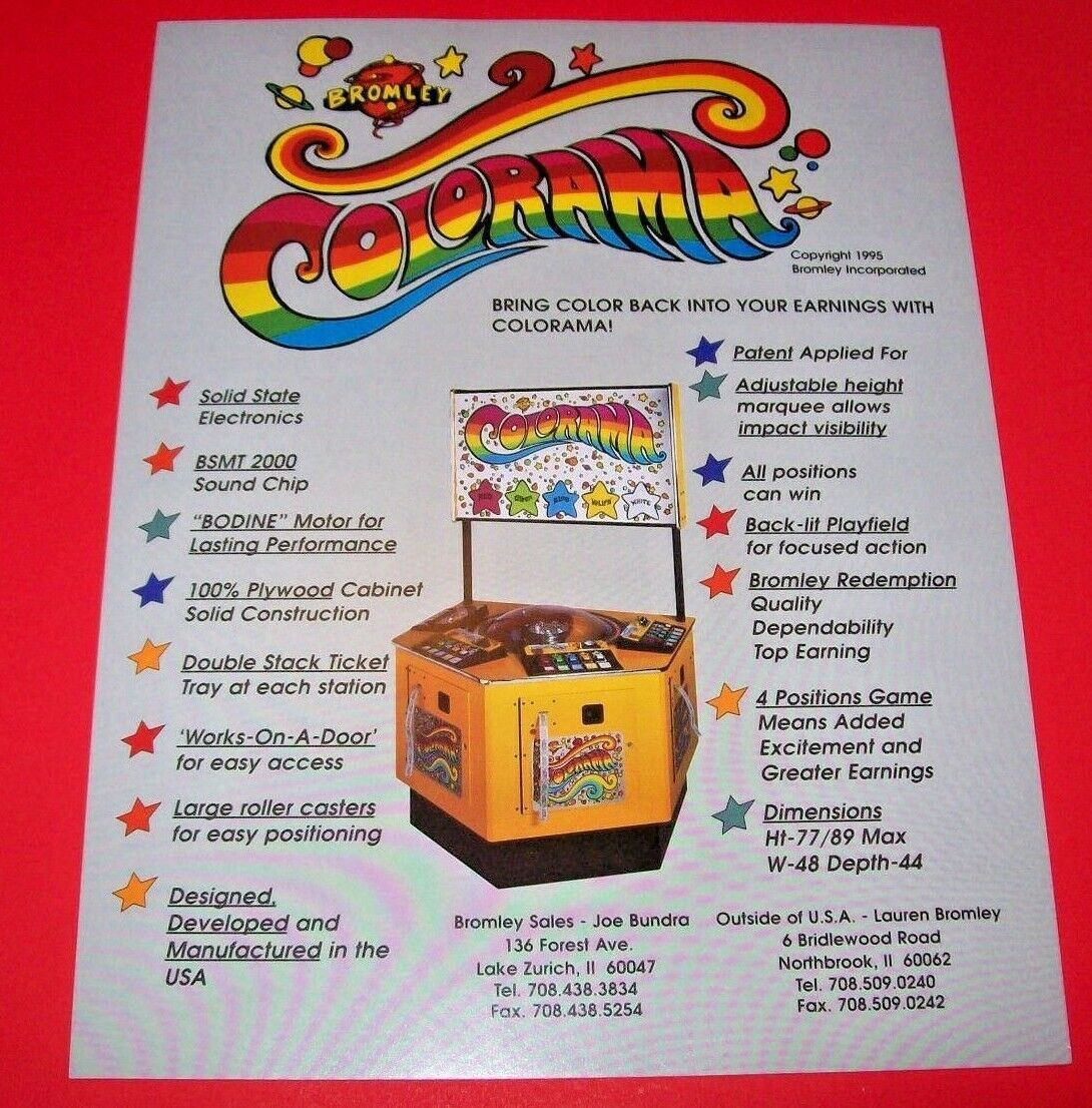Bromley Colorama Arcade FLYER 1995 Original NOS Redemption Game Artwork ...