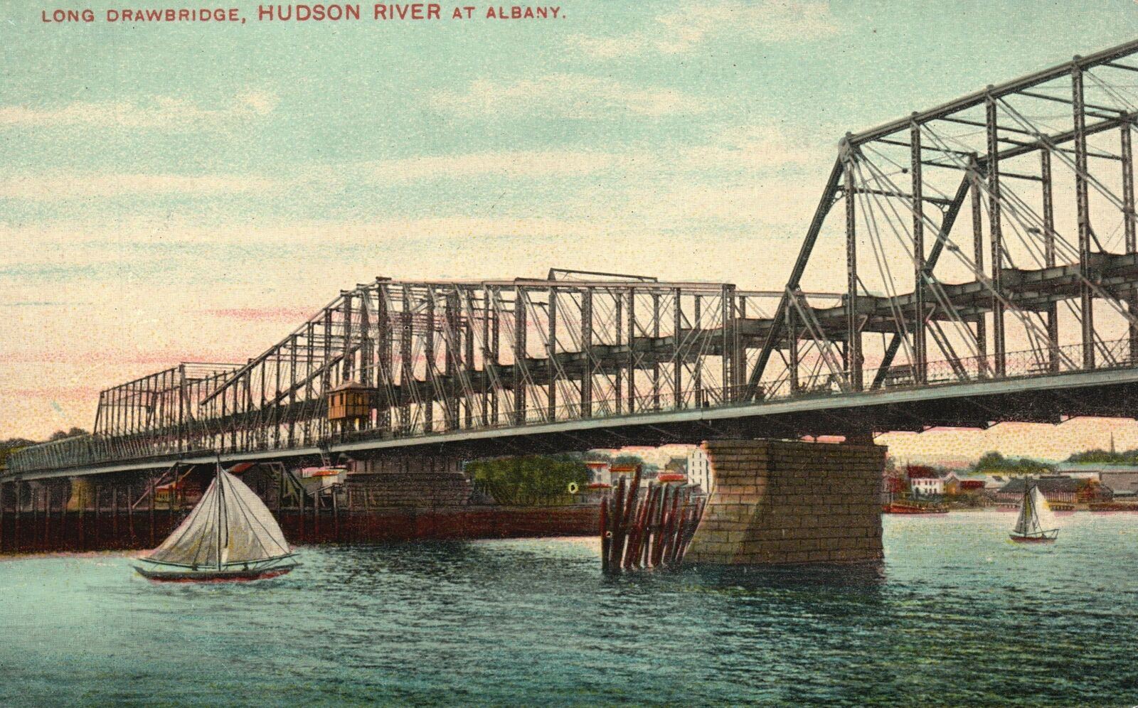 Vintage Postcard Long Drawbridge Hudson River Boats & Ships Albany New ...