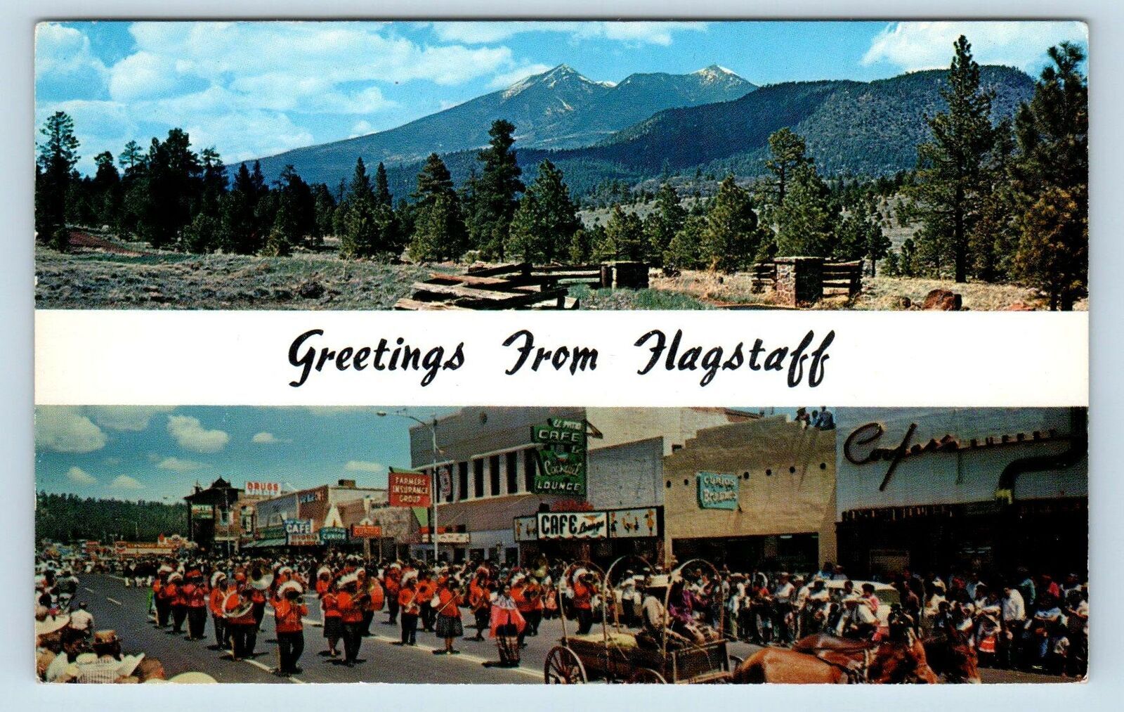 FLAGSTAFF, AZ Arizona ~Route 66 STREET PARADE & Mountains 1963 Postcard ...