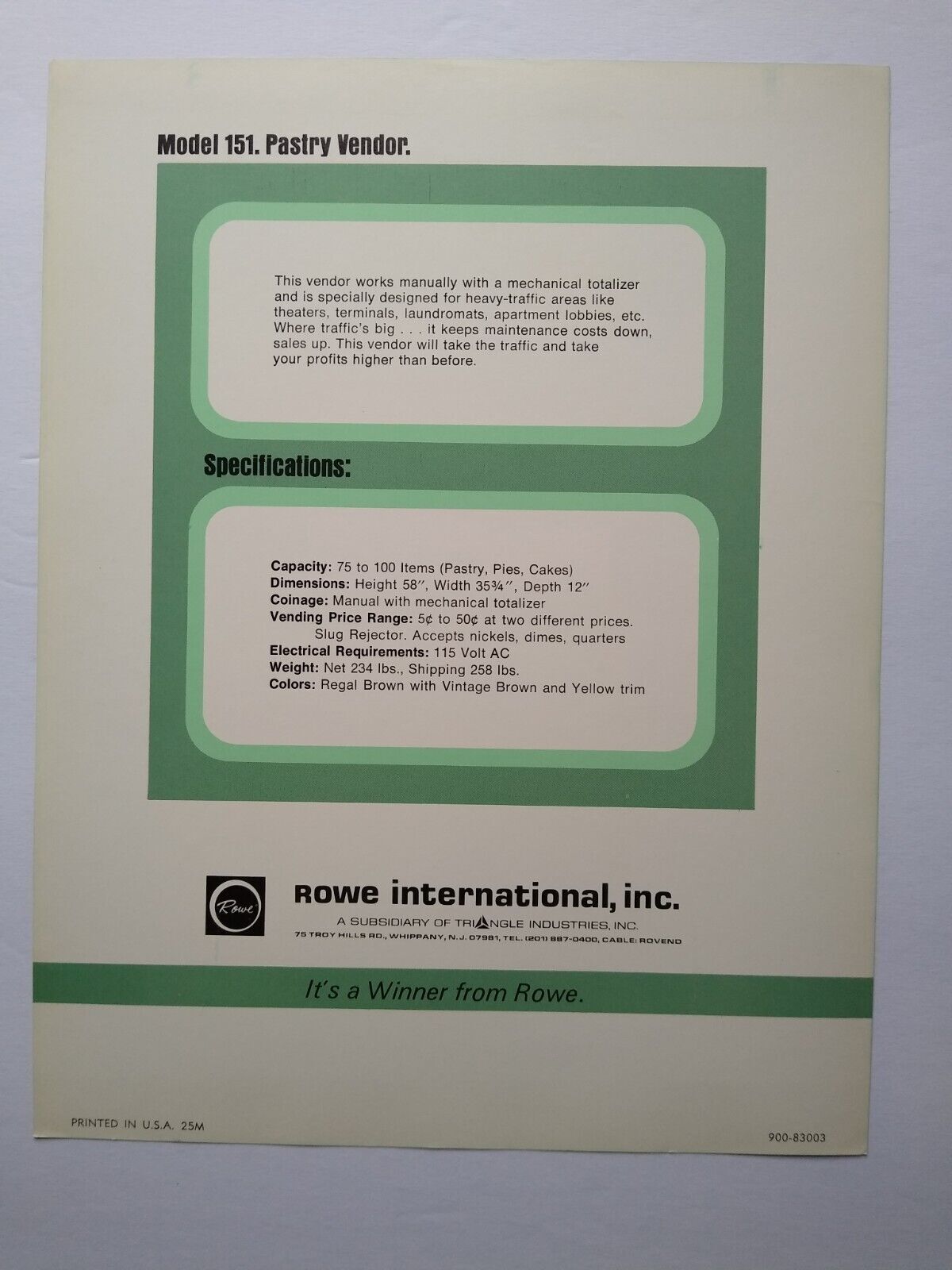 Rowe Pastry Food Vending Machine Flyer Model 151 Vintage Promo Art 8.5 ...