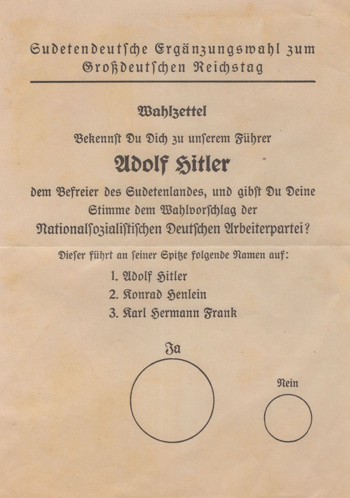 1939 WW2 Military German War Nazi Ballot Paper Sudeten Party Adolf ...