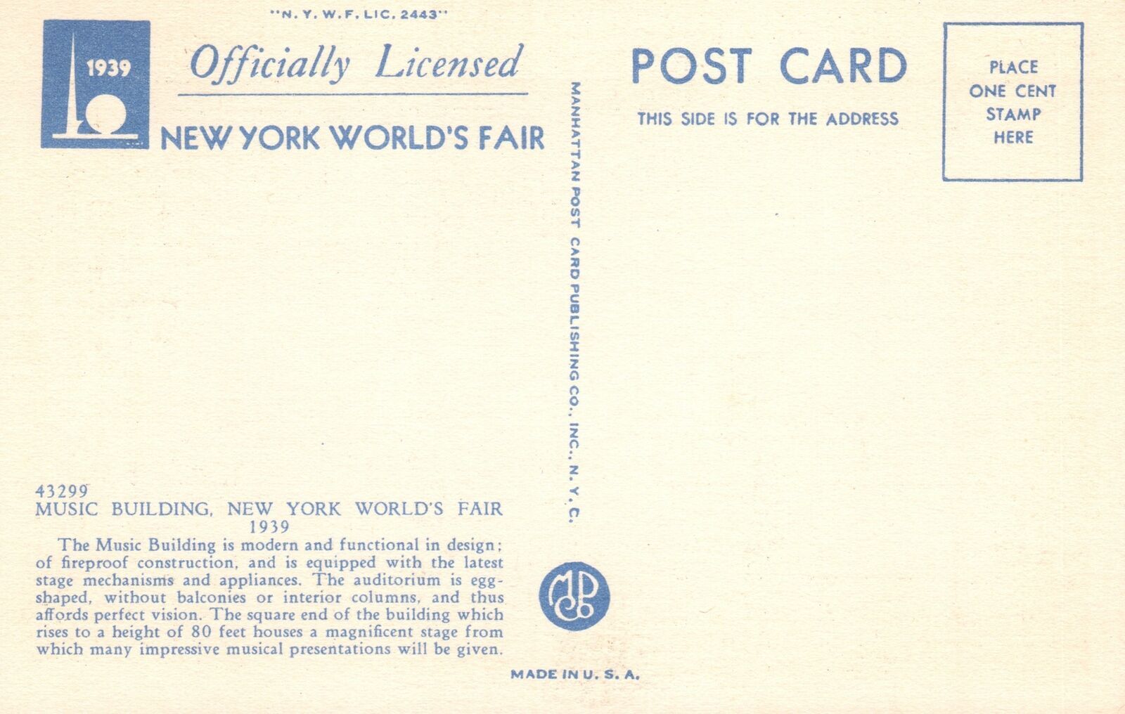 Vintage Postcard Music Building Modern Functional Design New York World ...