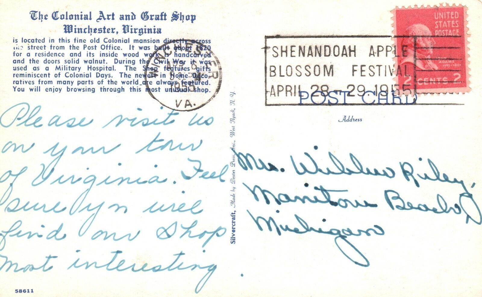 Vintage Postcard 1955 Old Colonial Mansion Art & Craft Shop Winchester ...